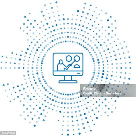 파란색 선 온라인 교육 및 졸업 아이콘 흰색 배경에 격리 모니터에 온라인 교사 웨비나 및 비디오 세미나 학습 추상 원 임의의 점 벡터 일러스트레이션 3차원 형태에 대한 스톡