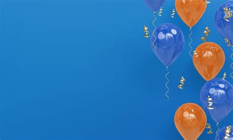 현실적인 파란색과 주황색 풍선 축하 3d 렌더링과 파란색 배경 프리미엄 사진