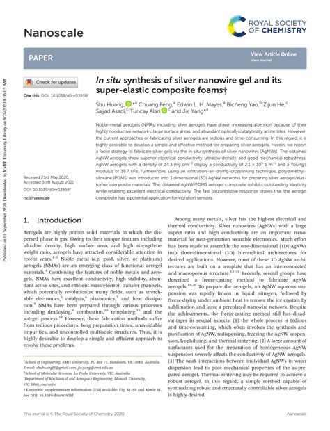 Pdf In Situ Synthesis Of Silver Nanowires Gels And Their Super Elastic Composite Foams
