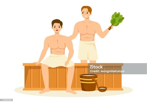 사우나와 스팀 룸은 사람들이 휴식을 취하고 몸을 씻고 증기를 마시거나 평면 만화 손으로 그린 템플릿 그림에서 시간을 즐깁니다