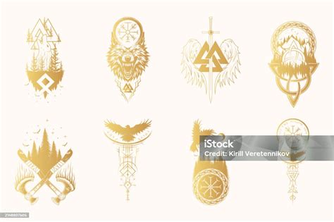 바이킹 룬과 상징 황금 컬렉션 이교도 노르드어 기호 Vegvisir Fenrir 바이킹 무기 및 까마귀의 손으로 그린 고립 된