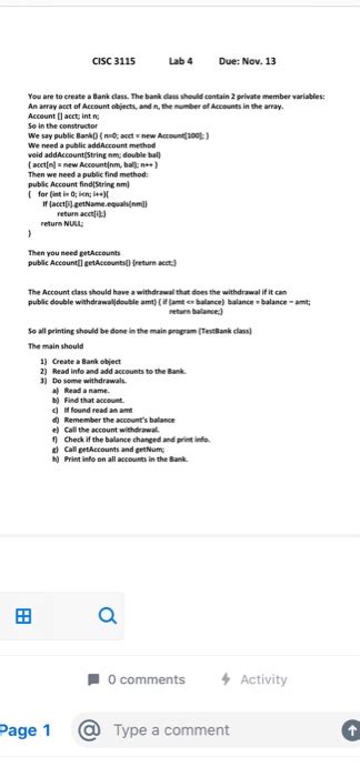 Cisc 3115 Lab 4 Due Nov 13 You Are To Create A Bank