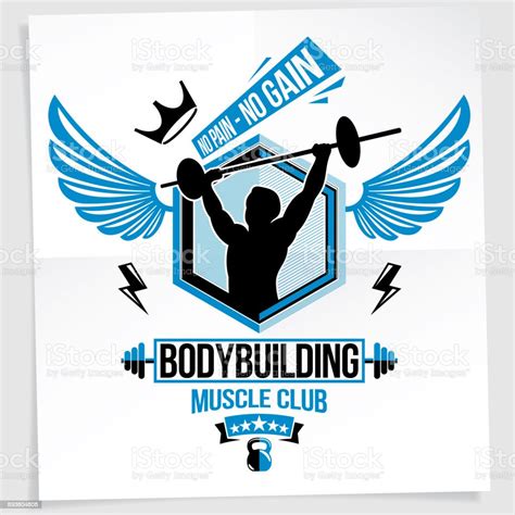 체육관 광고 전단지 바 벨 스포츠 장비를 들고 근육 보디의 벡터 일러스트 레이 션을 사용 하 여 만든 고통 없음 아무 이득 견적입니다 Championship에 대한 스톡