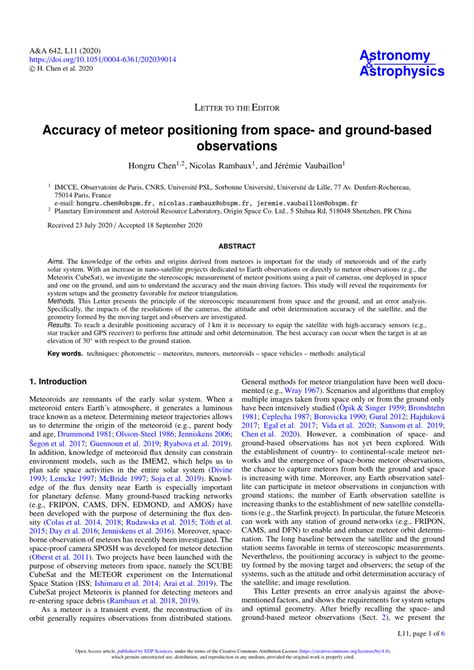 Pdf Accuracy Of Meteor Positioning From Space And Ground Based Observations