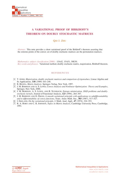 Pdf A Variational Proof Of Birkhoffs Theorem On Doubly Stochastic Matrices