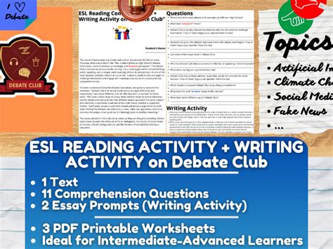 Esl Reading Comprehension Writing Activity Worksheets On Debate Club Teaching Resources