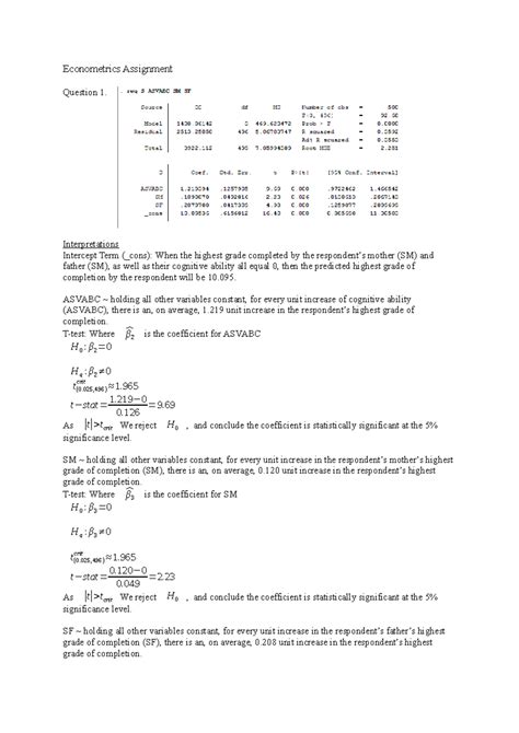 Econometrics Assignment On Testing And Interpretations ECMT USyd Studocu
