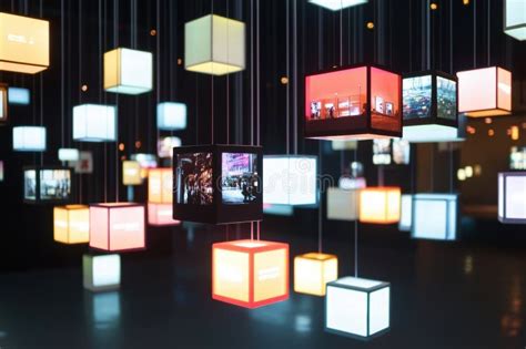 Floating Cubes Display Abstract Text And Multimedia Symbols In A Modern Art Installation