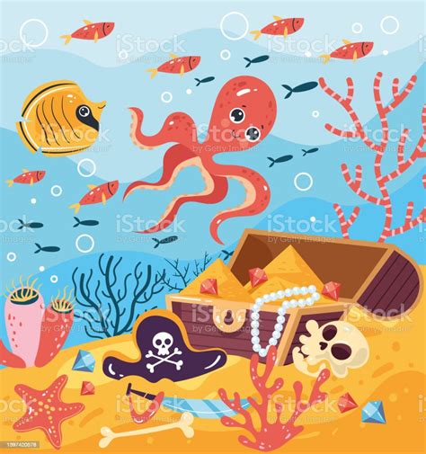 바다 바닥 개념에 해적 가슴 보물 벡터 플랫 만화 그래픽 디자인 일러스트 레이 션 물고기에 대한 스톡 벡터 아트 및 기타 이미지 물고기 대양저 바다 Istock