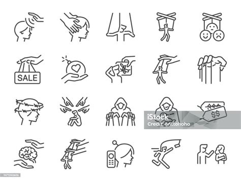 조작 아이콘 세트입니다 여기에는 감정 조작자 어두운 심리학 심리적 가스라이팅 꼭두각시 등과 같은 아이콘이 포함되었습니다 아이콘에 대한 스톡 벡터 아트 및 기타 이미지