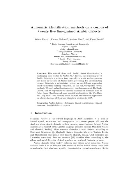 Pdf Automatic Identification Methods On A Corpus Of Twenty Five Fine Grained Arabic Dialects