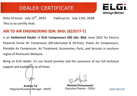 Authorised Elgi Dealer Certificate Air To Air Engineering