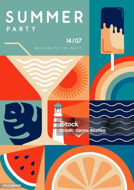 복고풍 평면 여름 디스코 파티 포스터 와 여름 속성 와 칵테일 실루엣 등대 아이스크림 열대 잎 수박 벡터 일러스트 레이 션 개념에 대한 스톡 벡터 아트 및 기타 이미지