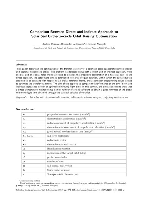 Pdf Comparison Between Direct And Indirect Approach To Solar Sail Circle To Circle Orbit