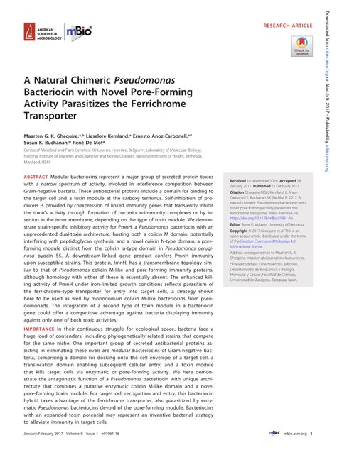 Pdf A Natural Chimeric Pseudomonas Bacteriocin With Novel Pore Forming Activity Parasitizes
