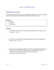 Lab Ex Docx Lab D Kinematics Experiment Free Fall In This Experiment You Will Drop