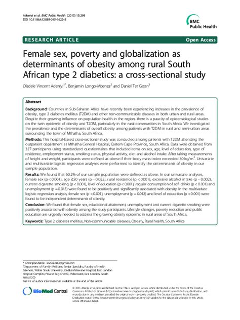 Pdf Female Sex Poverty And Globalization As Determinants Of Obesity Among Rural South African