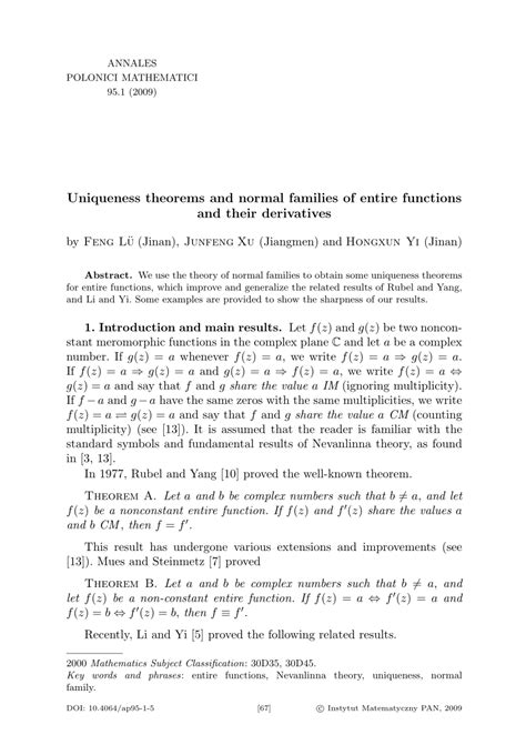 Pdf Uniqueness Theorems And Normal Families Of Entire Functions And