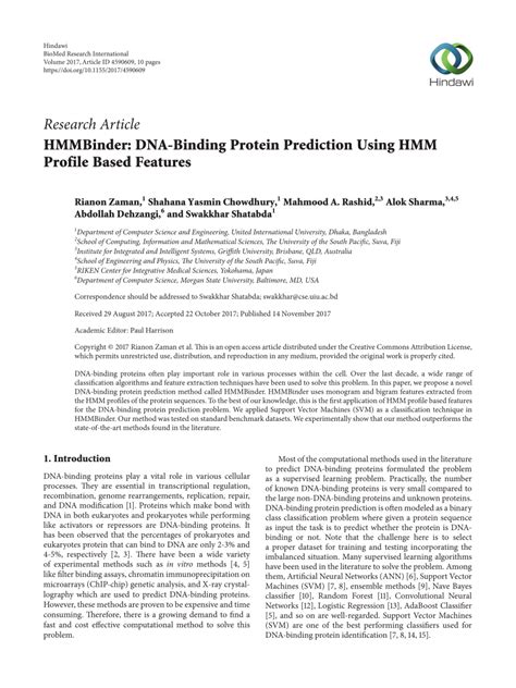 Pdf Hmmbinder Dna Binding Protein Prediction Using Hmm Profile Based Features