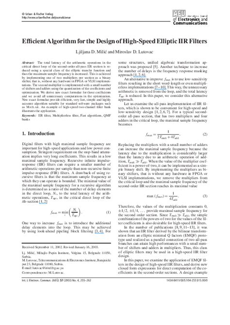 pdf efficient algorithm for the design of high speed elliptic iir filters