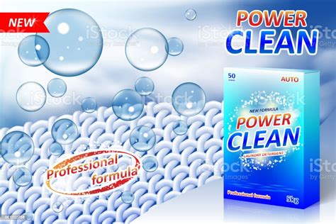 세탁 세제 광고 포스터입니다 얼룩 제거제 비누 거품과 근접 촬영 섬유 구조와 광고에 대 한 패키지 디자인 깨끗 한 셔츠와 배너를 세제를 세척 벡터 일러스트 레이 션 3차원