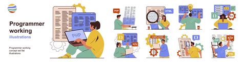 Premium Vector Programmer Working Concept With Character Situations Collection Bundle Of