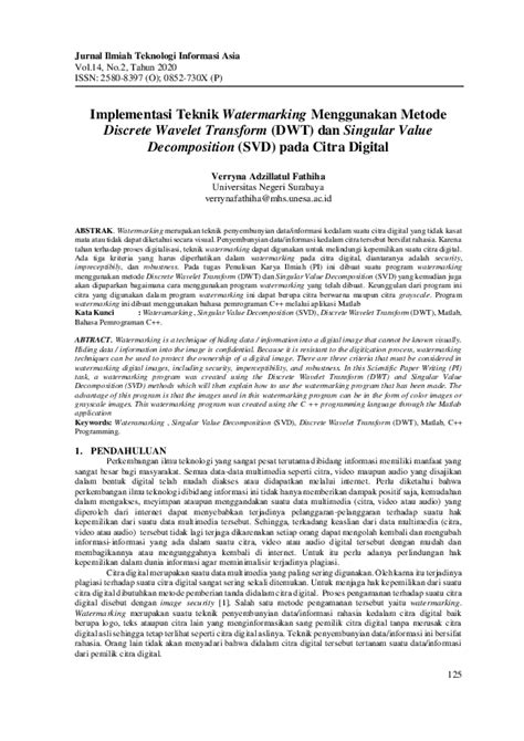 Pdf Implementasi Teknik Watermarking Menggunakan Metode Discrete Wavelet Transform Dwt Dan