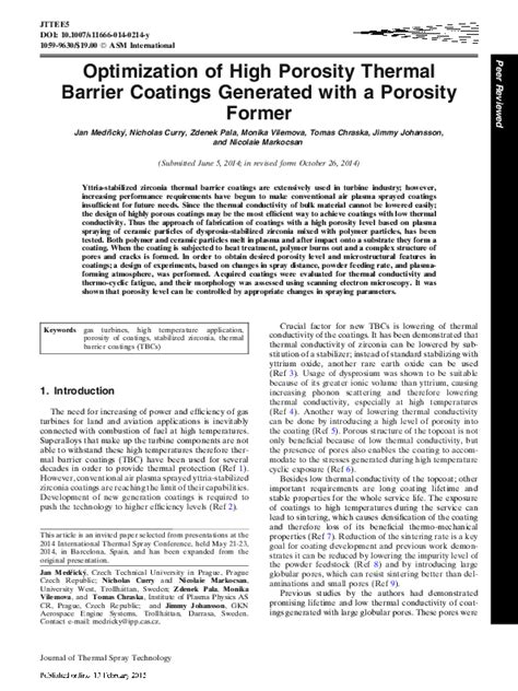 Pdf Optimization Of High Porosity Thermal Barrier Coatings Generated With A Porosity Former