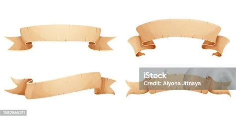 양피지 두루마리 리본 오래된 빈티지 배너 게임 Ui 요소를 흰색 배경에 분리된 만화 스타일로 설정합니다 벡터 그림 가장자리에 대한 스톡 벡터 아트 및 기타 이미지 Istock
