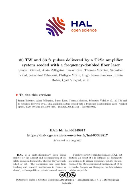 Pdf 30 Tw And 33 Fs Pulses Delivered By A Ti Sa Amplifier System Seeded With A Frequency