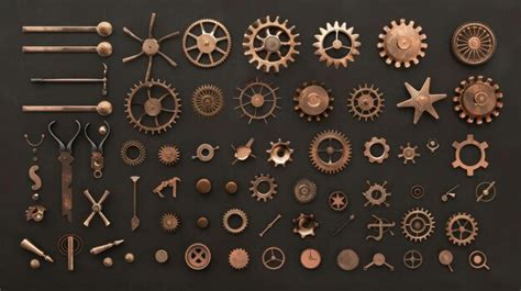 Collection Of Intricate Copper Gears And Clockwork Parts On A Black Background Premium Ai