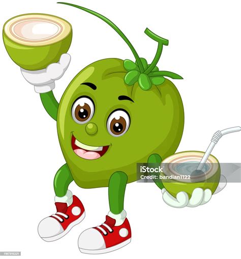 มะพร้าวสีเขียวเย็นกับรองเท้าสีแดงการ์ตูน ภาพประกอบสต็อก ดาวน์โหลดรูปภาพตอนนี้ การสร้างสรรค์