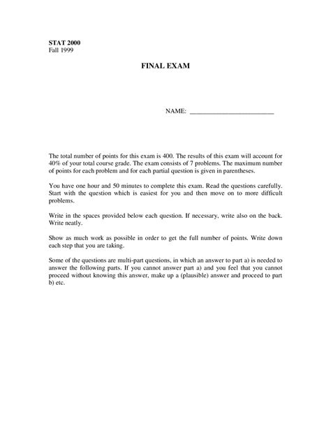Statistical Methods Final Exam 1999 Stat 2000 Docsity