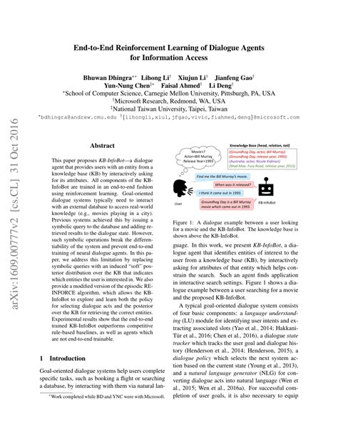Pdf End To End Reinforcement Learning Of Dialogue Agents For