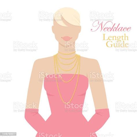 목걸이 길이 가이드 벡터 일러스트 레이 션 황금 사슬에 아름 다운 금발 여자 핑크 칵테일 드레스 채팅 디자인에 Accesory 길이에 대한 스톡 벡터 아트 및 기타 이미지
