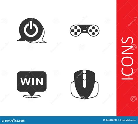 set computer mouse power button medal and game controller or joystick icon vector stock