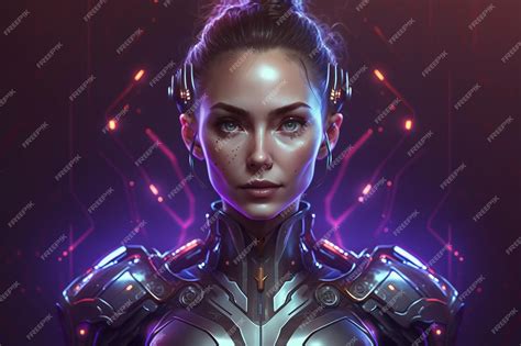 Premium Photo Smooth Female Robot Portrait With Neon Lights Generative Ai