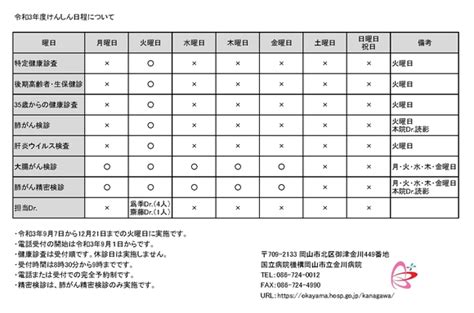 令和3年度けんしん日程について 国立病院機構岡山市立金川病院