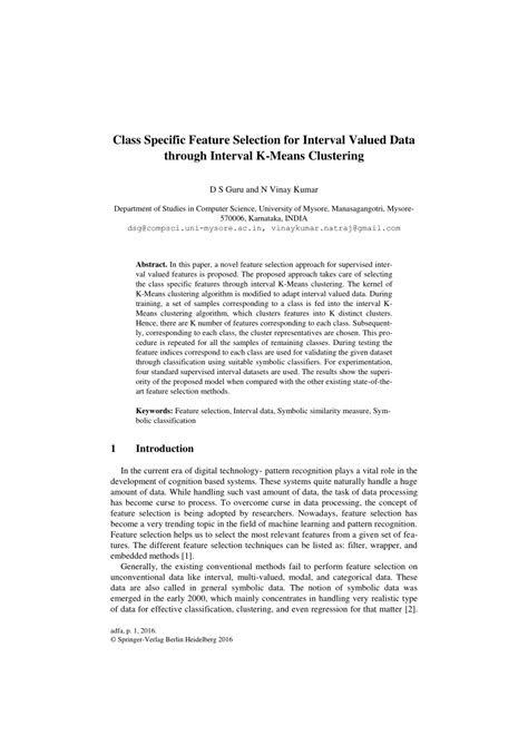 Pdf Class Specific Feature Selection For Interval Valued Data Through Interval K Means Clustering