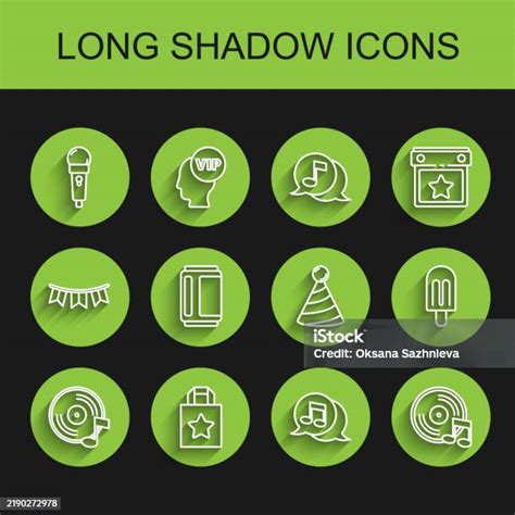 세트 라인 비닐 디스크 종이 쇼핑백 마이크 음표 말풍선 맥주 캔 아이스크림 및 파티 모자 아이콘 벡터 Dj에 대한 스톡 벡터 아트 및 기타 이미지 Istock