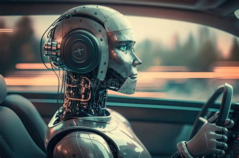 Robot Drivinf Car Like A Human Futuristic Technology Autonomous