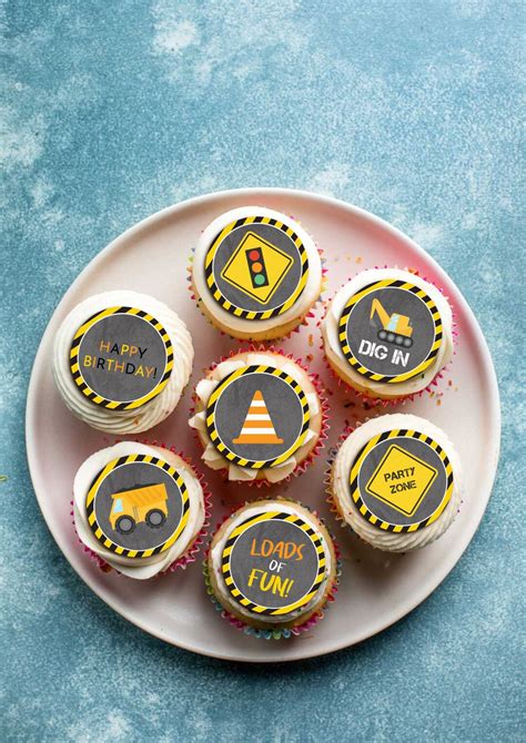Edible Construction Zone Cupcake Toppers Pre Cut Icing Sheet 15 X 5cm Circles Etsy Australia