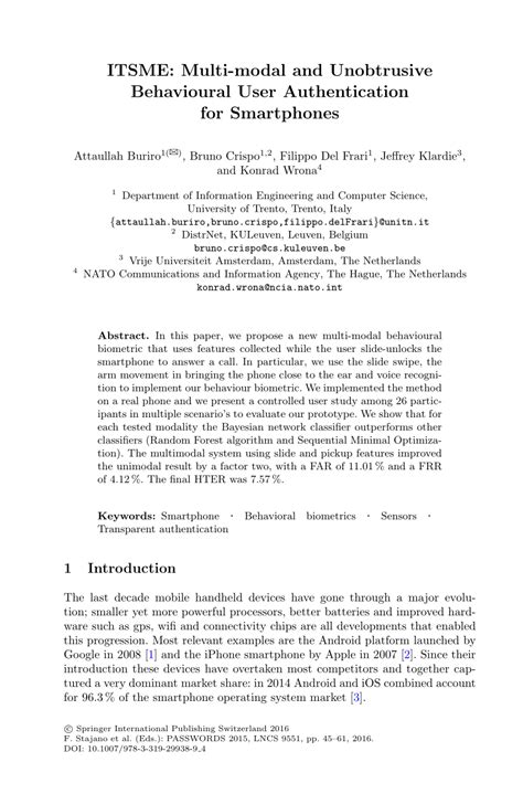 Pdf Itsme Multi Modal And Unobtrusive Behavioural User Authentication For Smartphones
