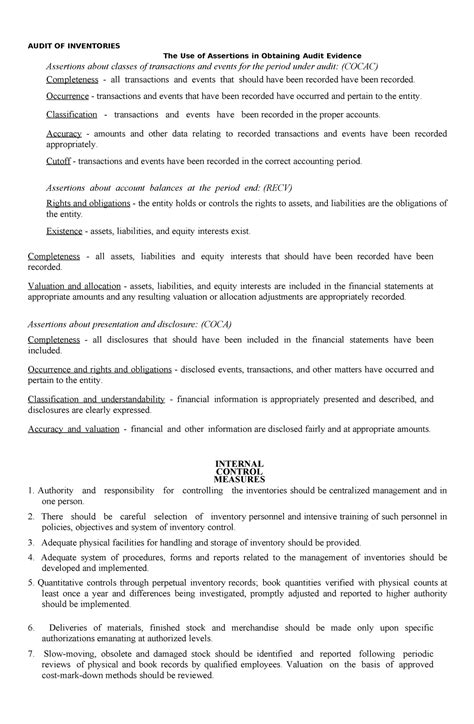 Audit Of Inventories Lecture Notes Audit Of Inventories The Use Of