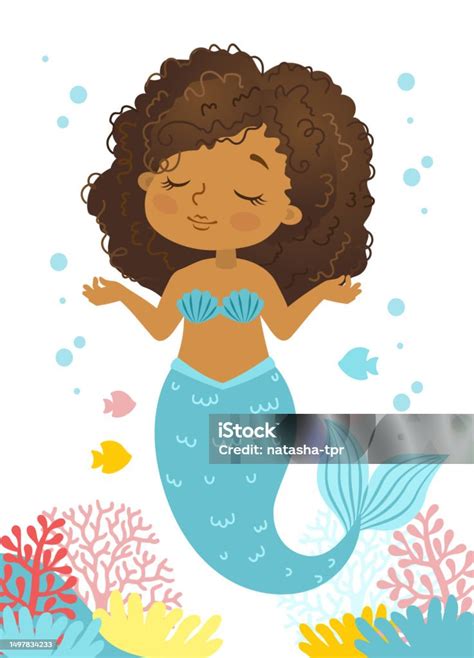 아름 다운 소녀 인어 아프리카 계 미국인 민족의 벡터 그림 십대 소녀에 대한 스톡 벡터 아트 및 기타 이미지 십대 소녀 곱슬 머리 검은색 Istock