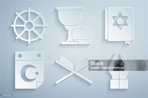 코란 유대인 토라 별과 초승달의 거룩한 책을 설정 기도 위치에 손 성배와 달마 휠 아이콘 벡터 3차원 형태에 대한 스톡 벡터 아트 및 기타 이미지 Istock