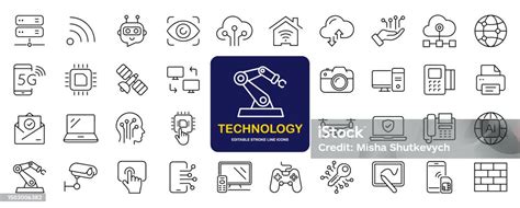선 스타일의 웹 아이콘 기술 세트입니다 웹 및 모바일 앱용 정보 기술 표지판 It 네트워크 시스템 5g 통신 컴퓨터 칩 웹 디자인 소프트웨어 데이터 센터 장치 Ai 5g에