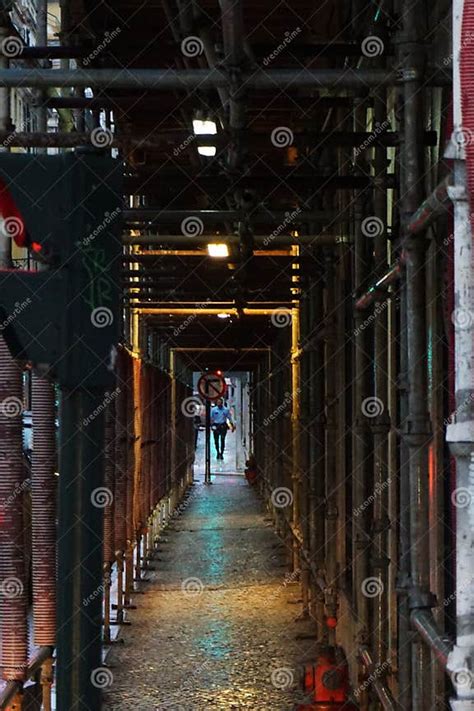 A Corridor Formed By Scaffolding Lisbon Portugal Stock Image Image