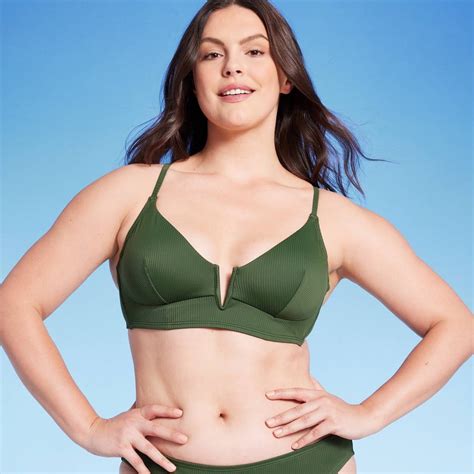 Womens Ribbed Longline V Wire Bikini Top Shade And Shore Dark Green