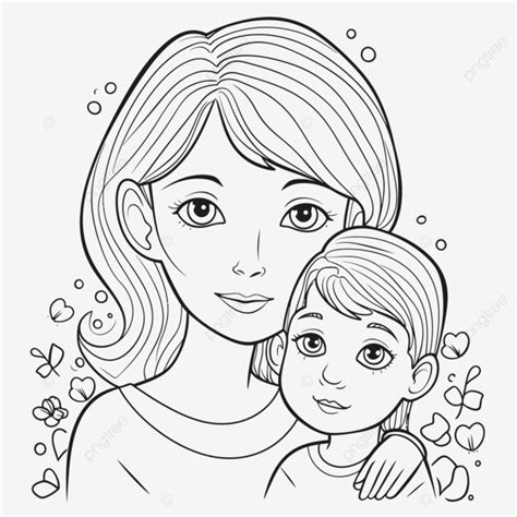 엄마와 아이 색칠하기놀이 벡터 기본 간단한 귀여운 만화 어머니의 날 개요 흰색 배경에 고립 어린이 색칠 페이지 Png 일러스트 및 벡터 에 대한 무료 다운로드